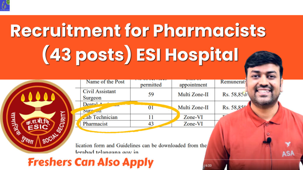 Recruitment for Pharmacists (43 posts) ESI Hospital, Pharmacist ...